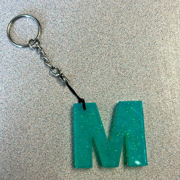 Hand Crafted | Other | Teal Blue Resin Letter M Keychain With Glitter ...